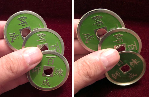 Green Two Chinese Coins With Matching Shell - Meir Yedid Magic